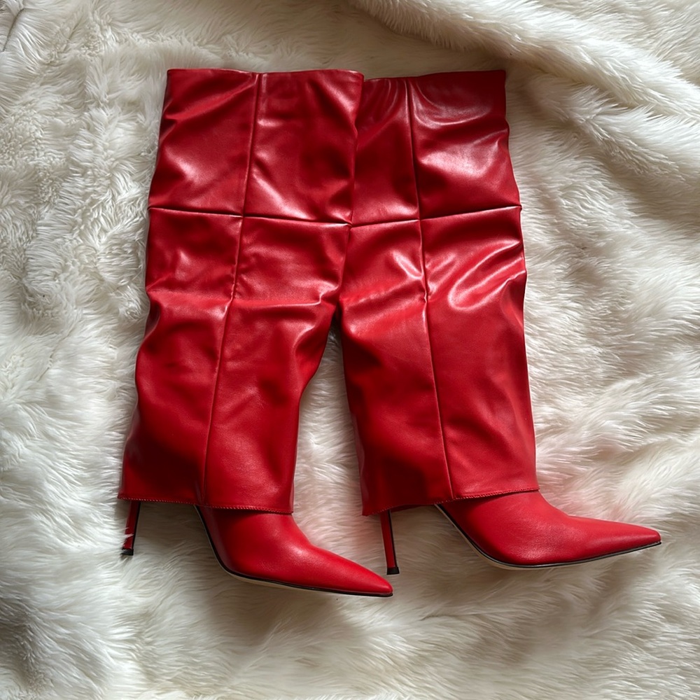 Red Leather Fold Over Knee High Boots - Gem